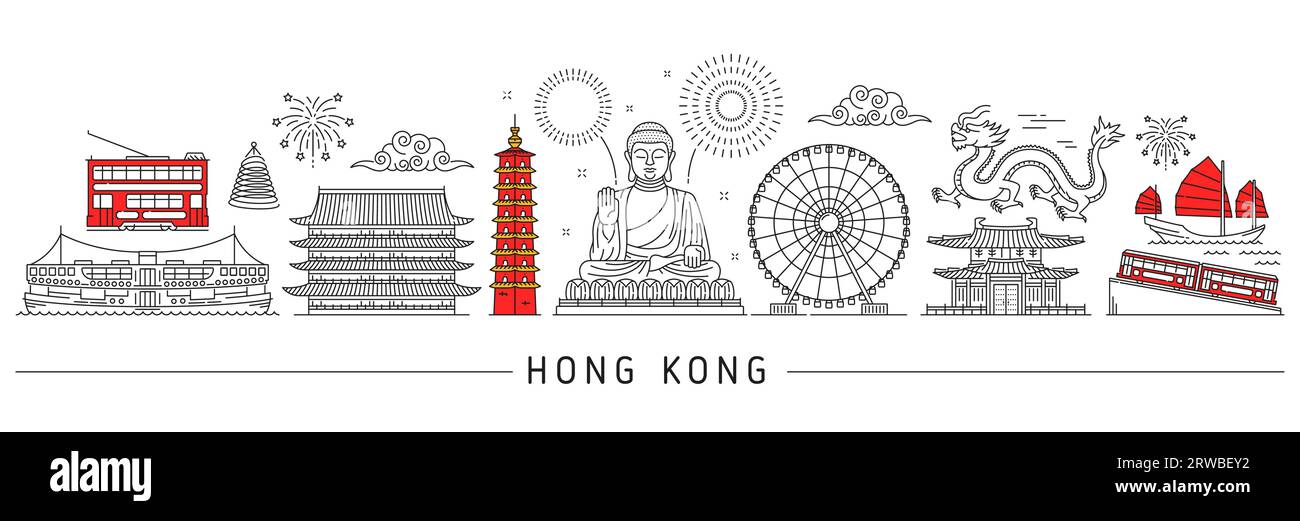 Hong Kong silhouette. Cantonese travel landmarks and buildings ...