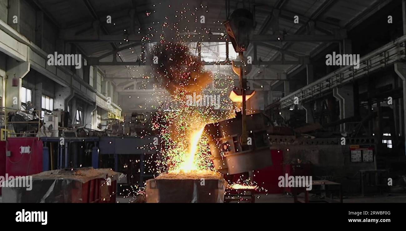Metal cast process in blast furnace in metallurgical plant or factory ...