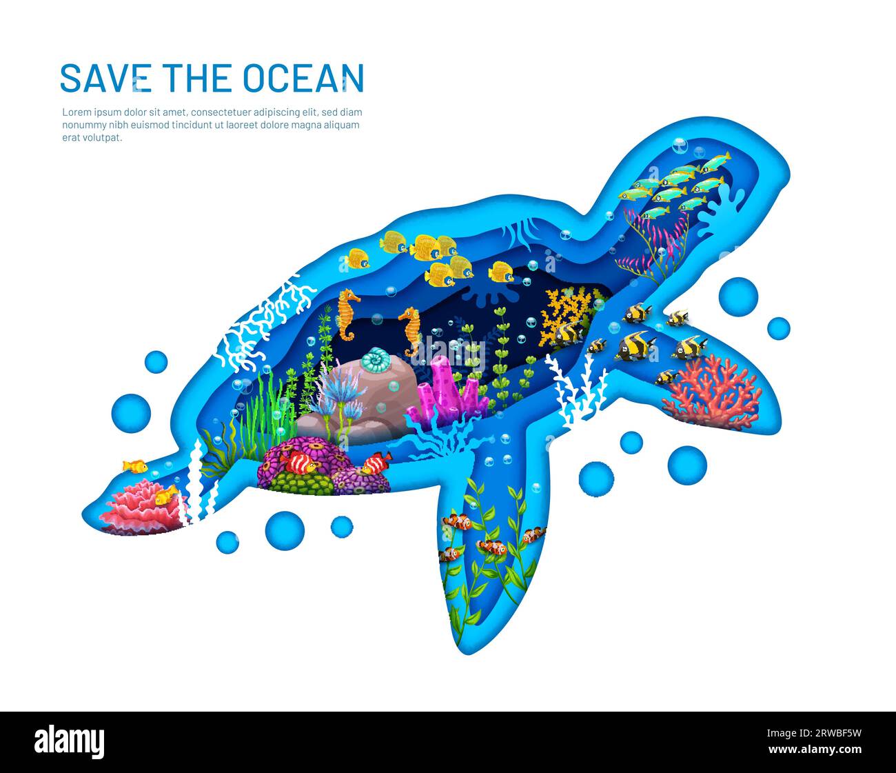 Underwater paper cut sea turtle silhouette with cartoon ocean landscape ...