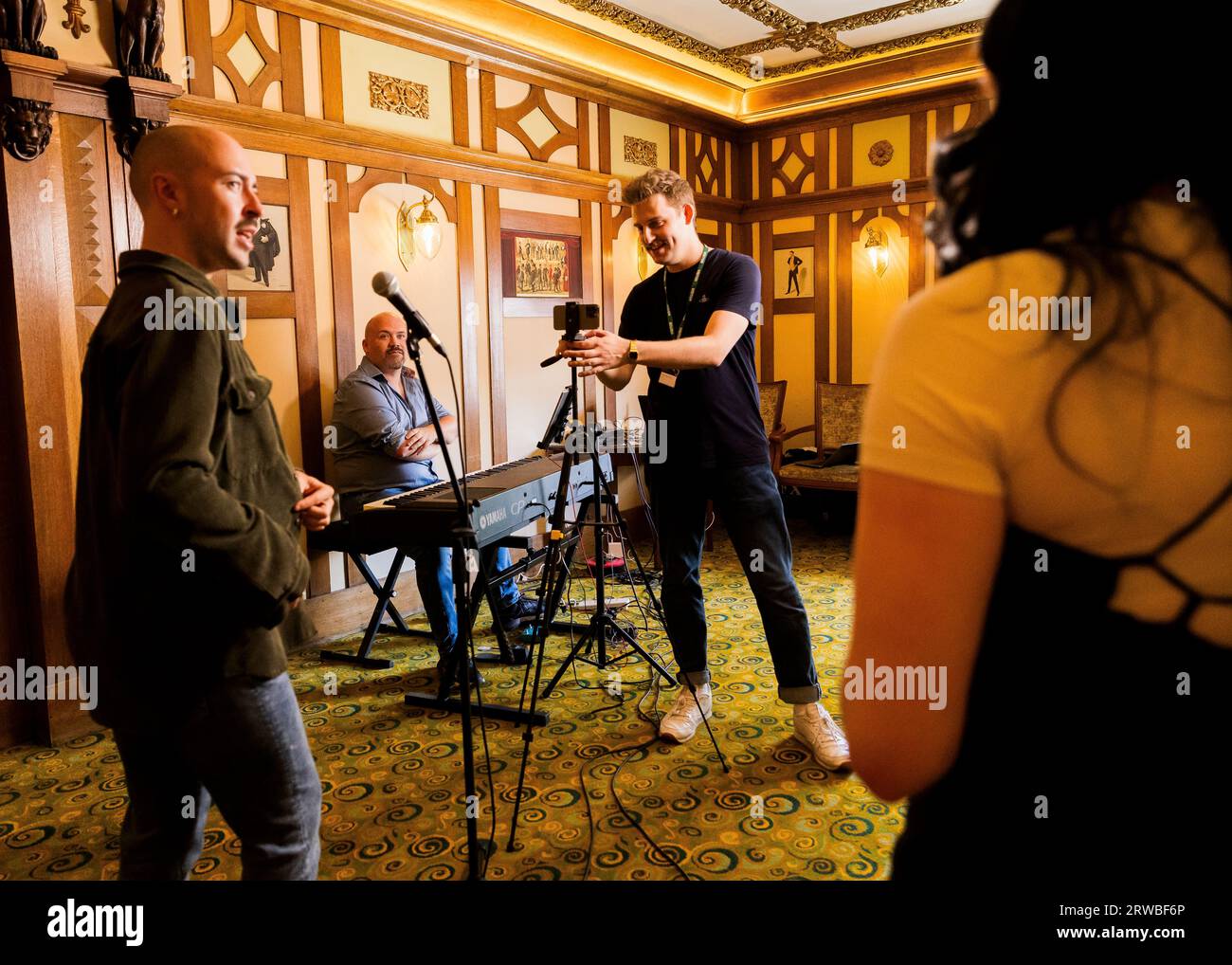 Rob Madge and Aimee McQueen recording West End New Friends at Victoria Palace Theatre, London ...