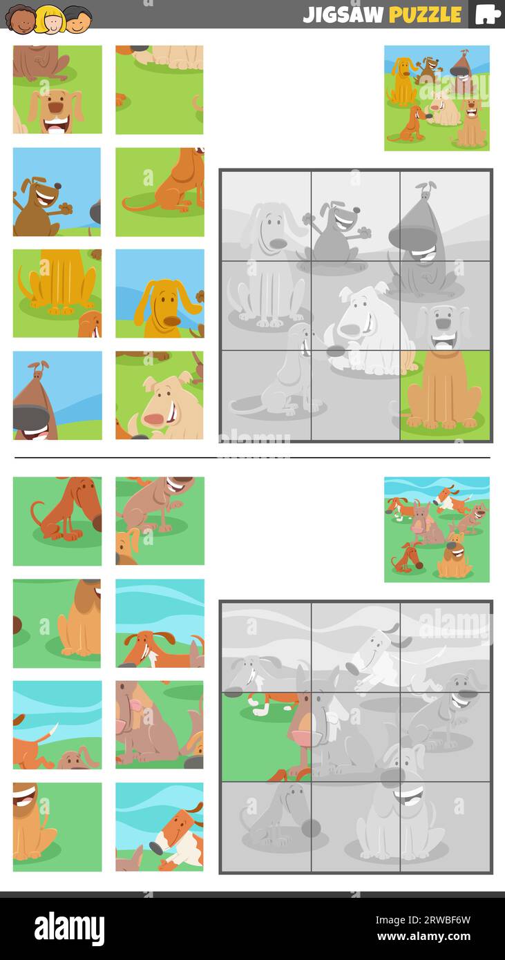 Cartoon illustration of educational jigsaw puzzle games set with dogs ...