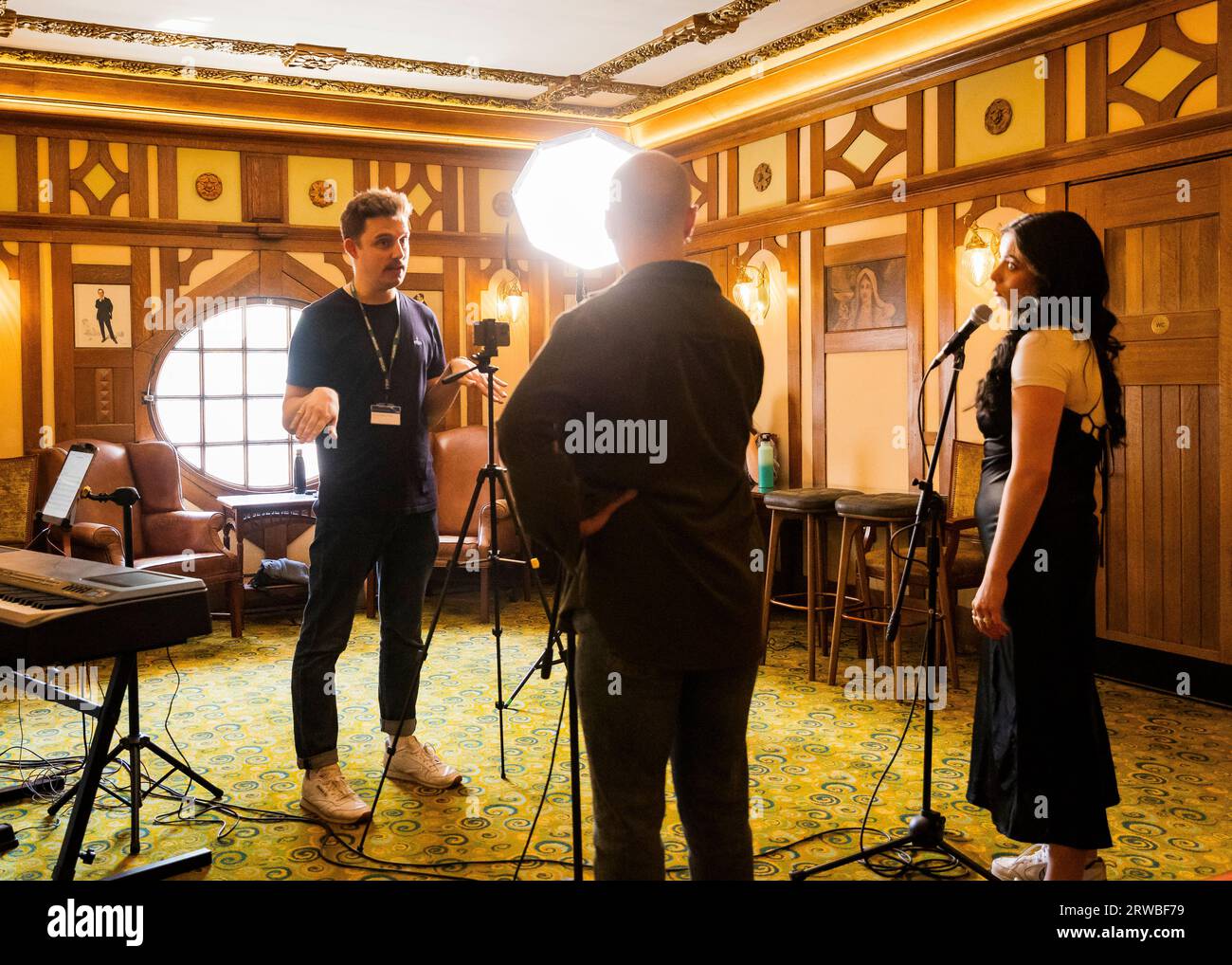 Rob Madge and Aimee McQueen recording West End New Friends at Victoria Palace Theatre, London ...