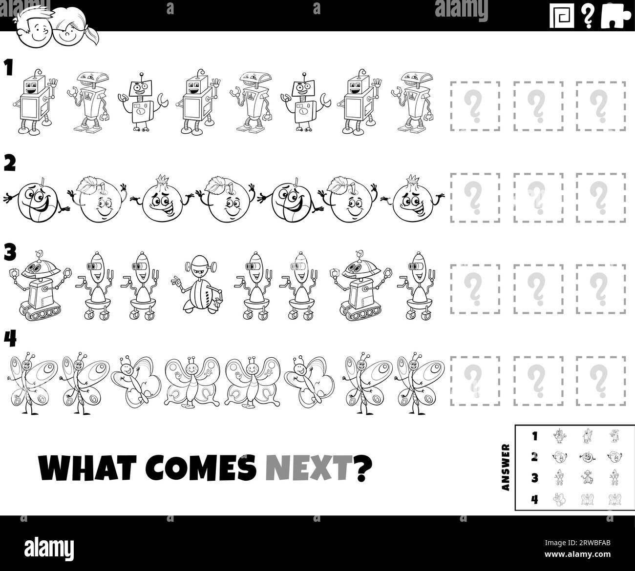 Black and white cartoon illustration of completing the pattern ...