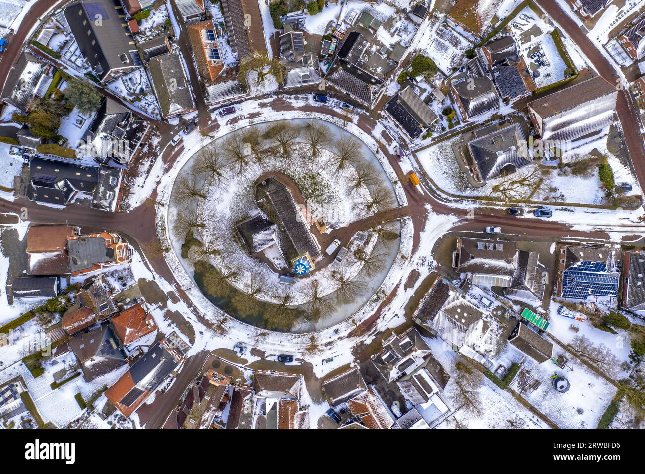Aerial View over Village of Spijk in Winter Landscape with Snow in the ...
