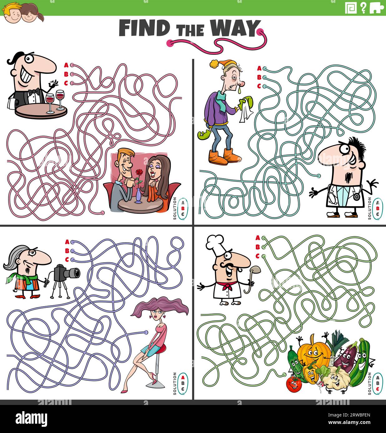 Cartoon illustration of find the way maze puzzle activities set with ...