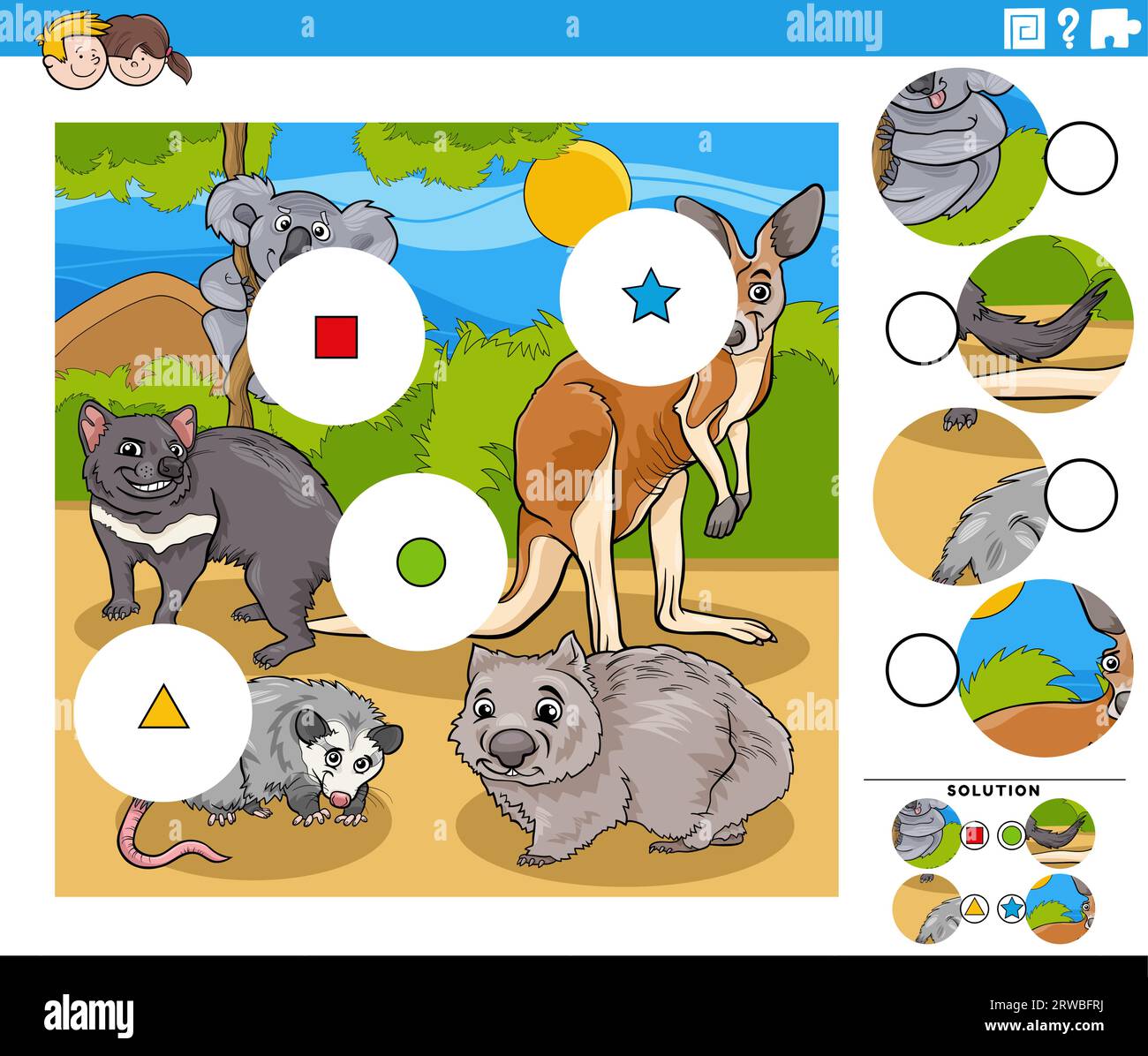 Cartoon illustration of educational match the pieces jigsaw puzzle game ...