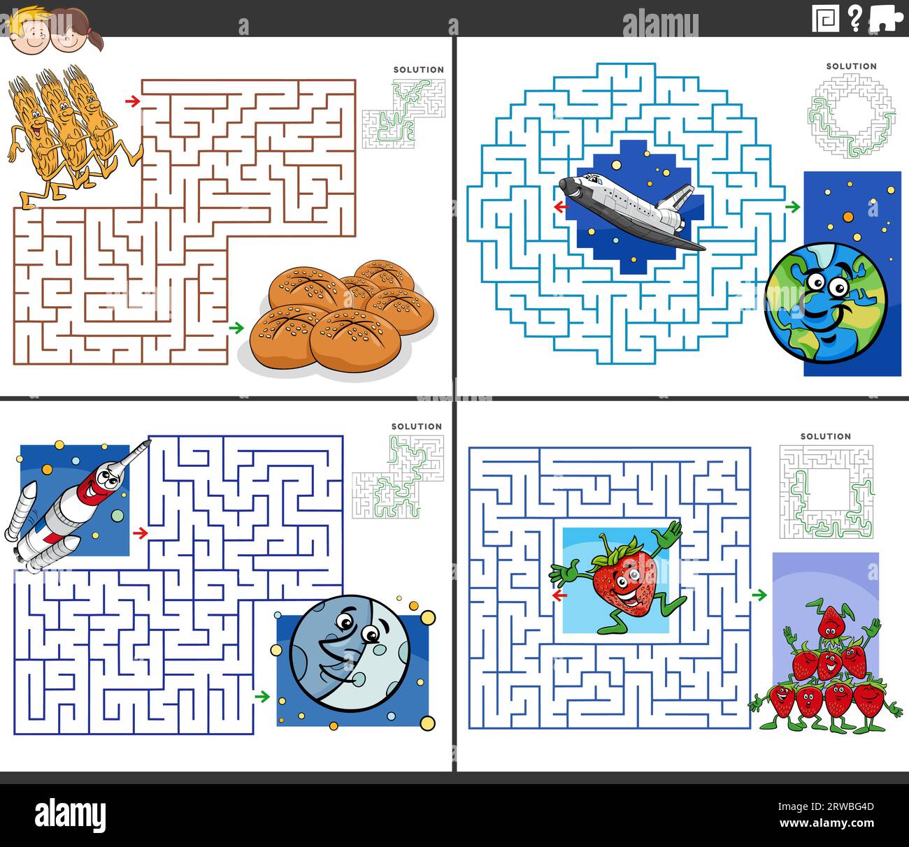 Cartoon illustration of educational maze puzzle activities set with ...