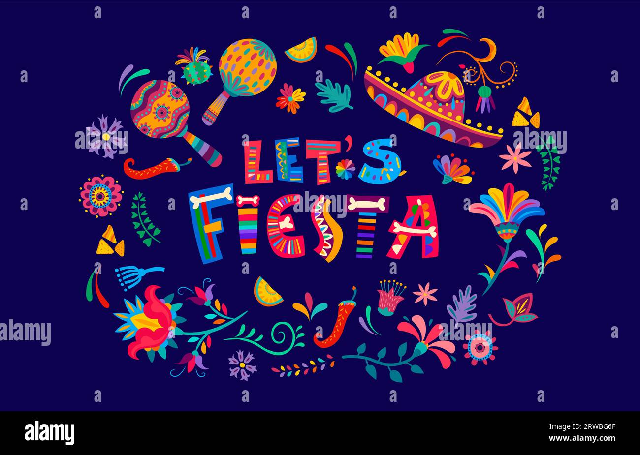 Mexican fiesta banner with sombrero, maracas and flowers for Mexico ...