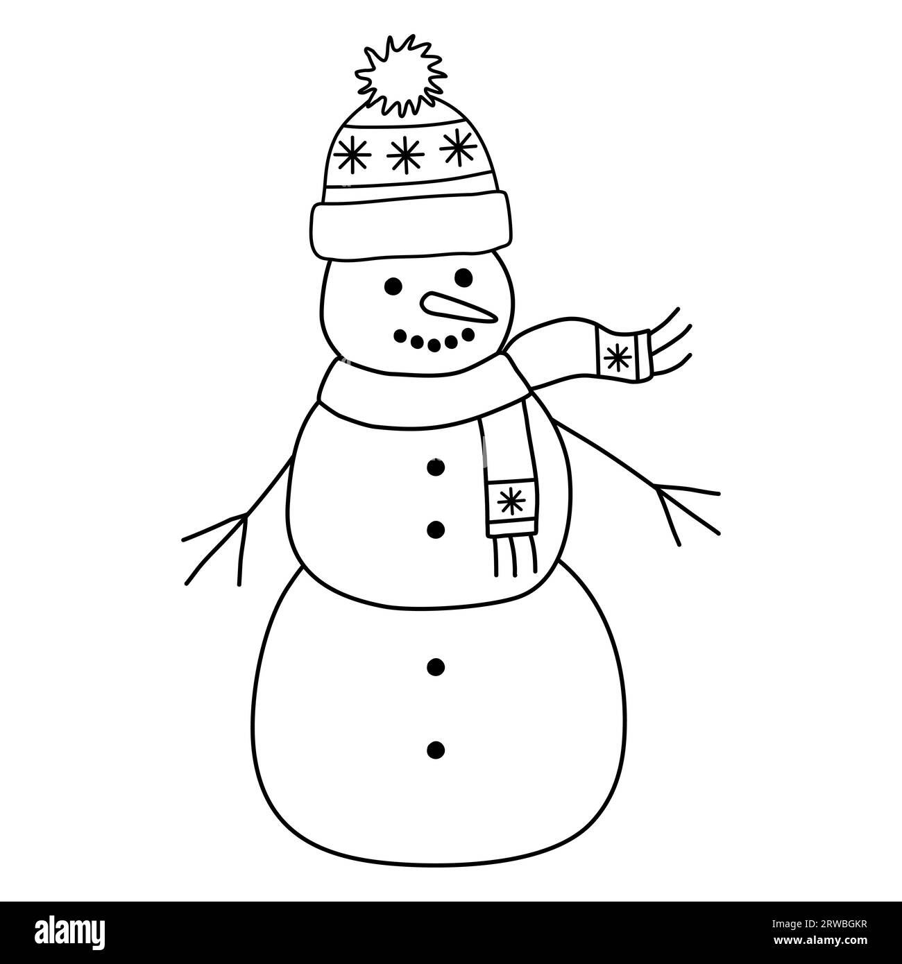 Cute snowman with scarf and knitted hat, doodle style flat vector ...