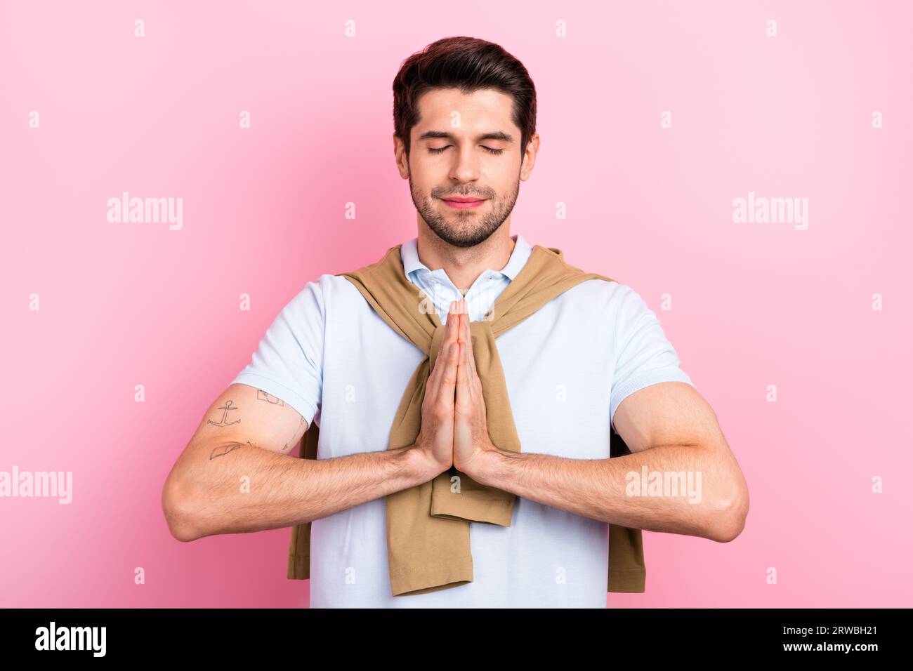 Photo of handsome businessman hands together calm peaceful brunet hair ...