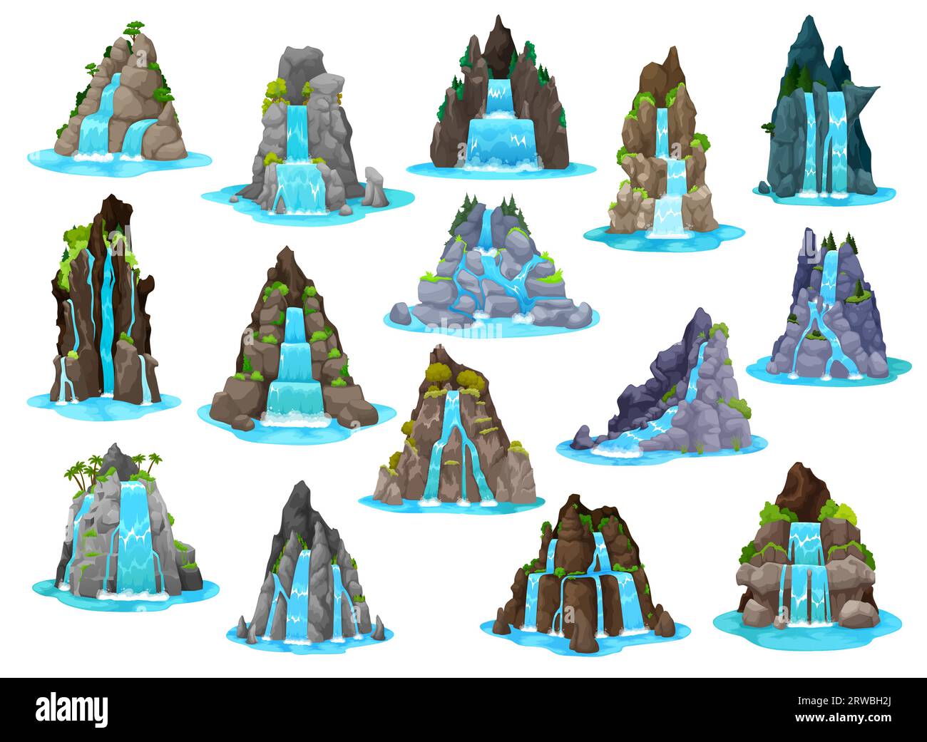 Cartoon waterfall and water cascade, game assets and nature landscapes ...