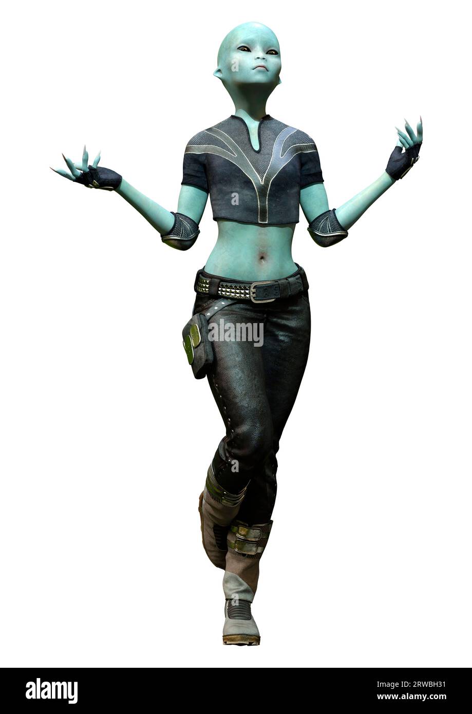 3D rendering of a green female teenager alien isolated on white ...
