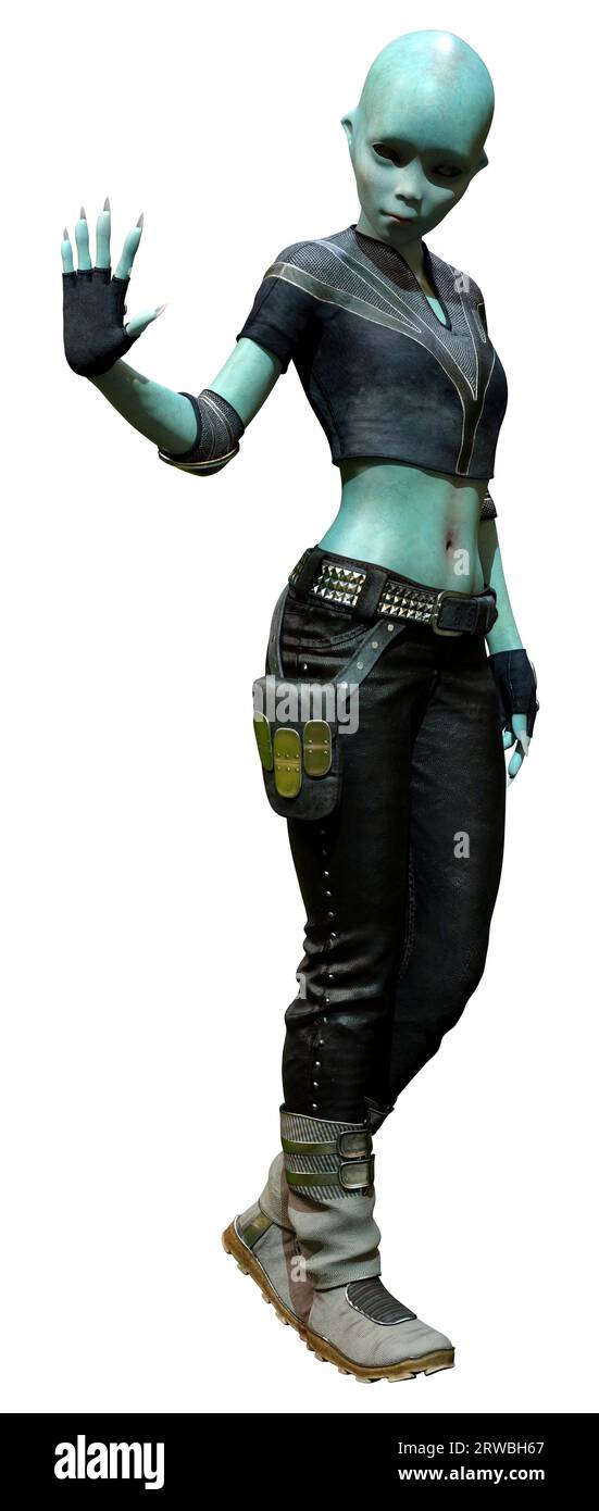 3D rendering of a green female teenager alien isolated on white ...