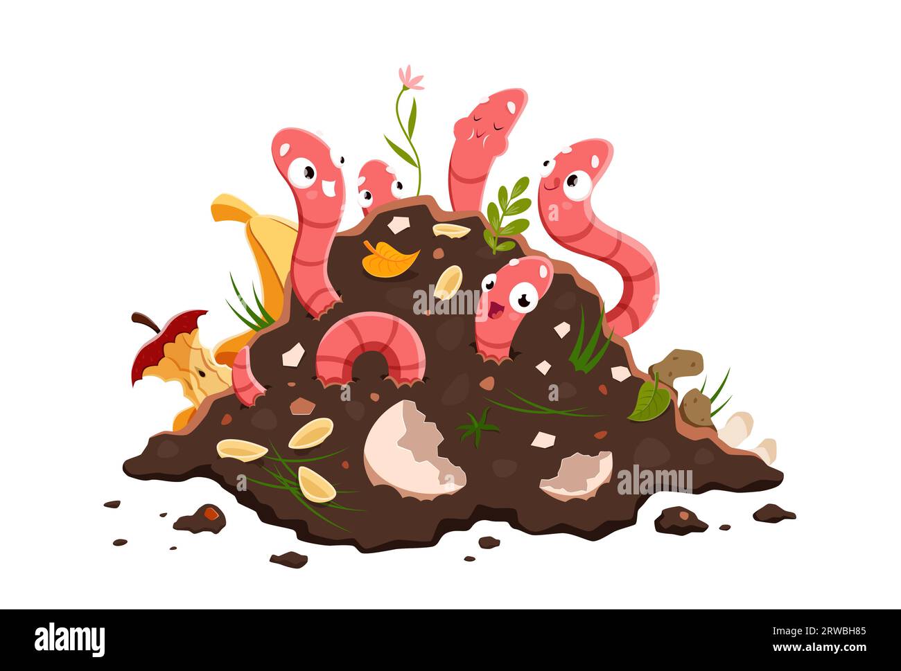 Cartoon funny earth worm characters in compost, soil humus ...