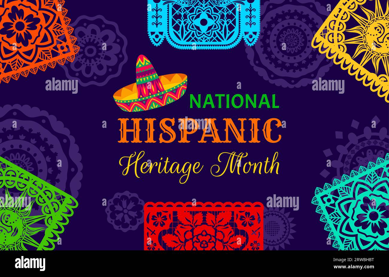 Papel picado paper cut flags on national Hispanic heritage month banner with sombrero, vector ...