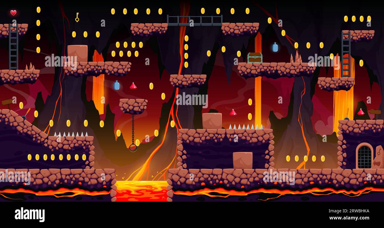 Arcade game volcano cave level map with stone platforms, lava, ladders ...