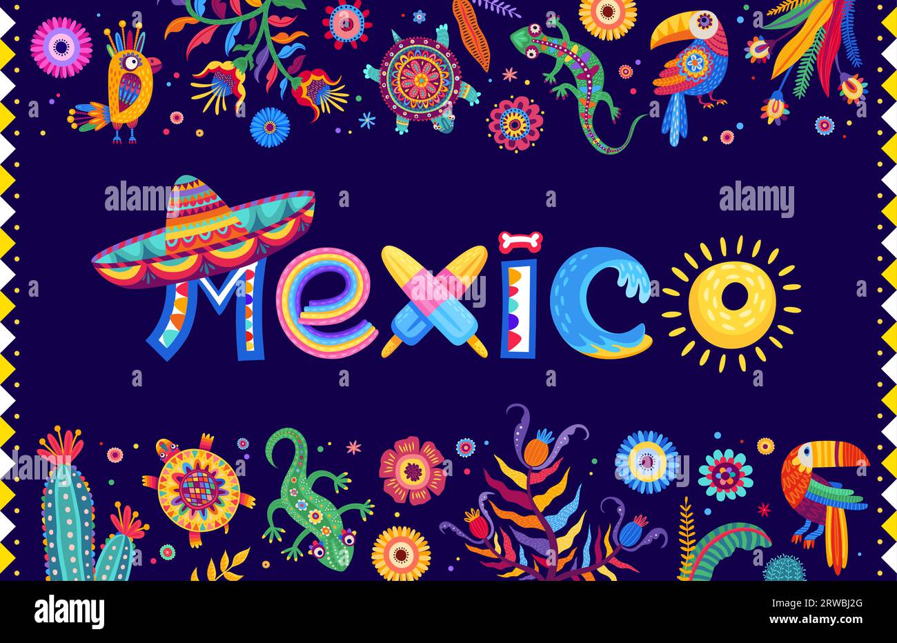 Mexico lettering banner with tropical flowers, animals, plants and ...