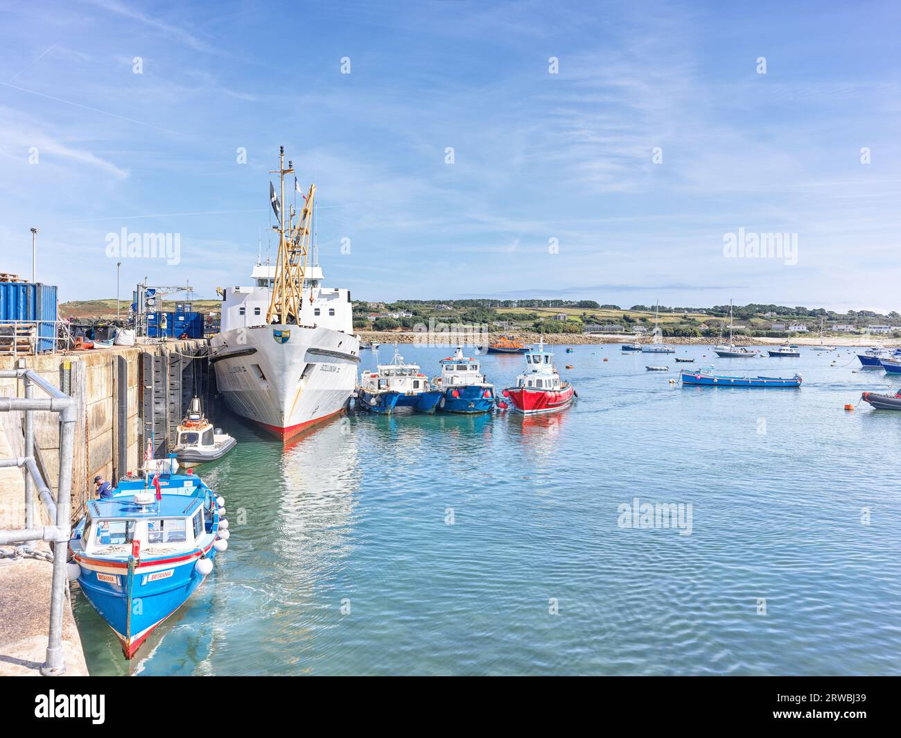 Scillonian III ferry docked at the Albert pier, and other boats in St ...