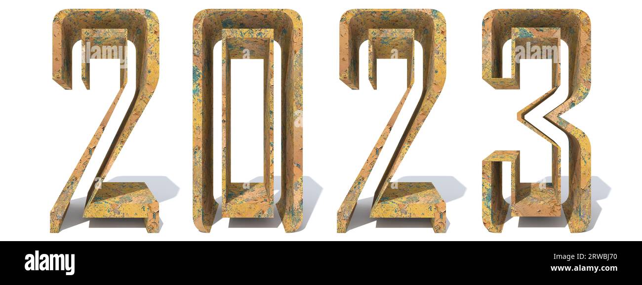 Conceptual 2023 year made of old, rusted metal isolated on white ...
