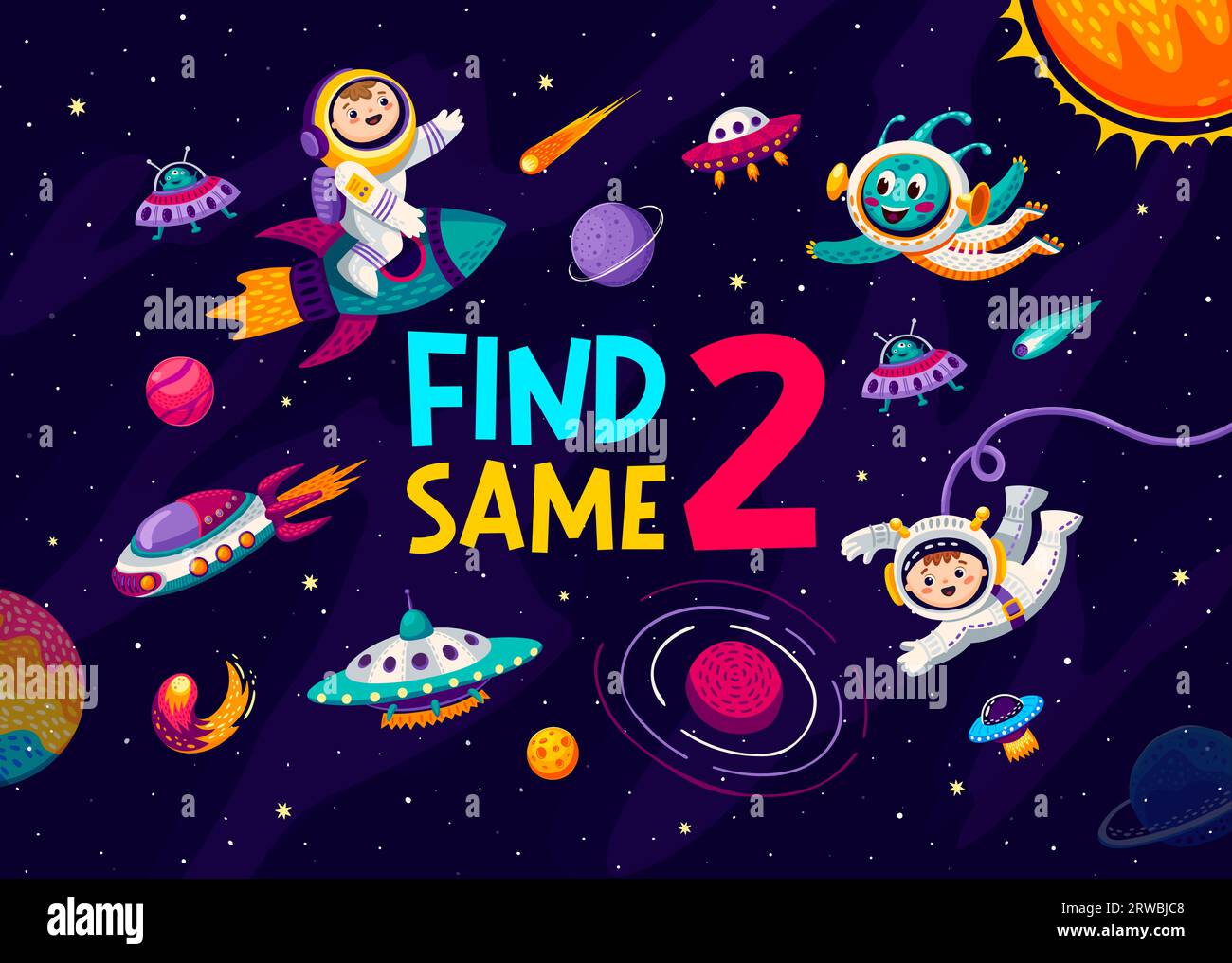 Find two same cartoon characters in starry galaxy space with kid ...