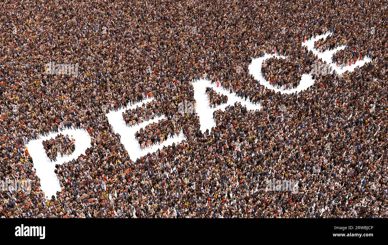 Concept conceptual large community of people forming the PEACE word. 3d ...