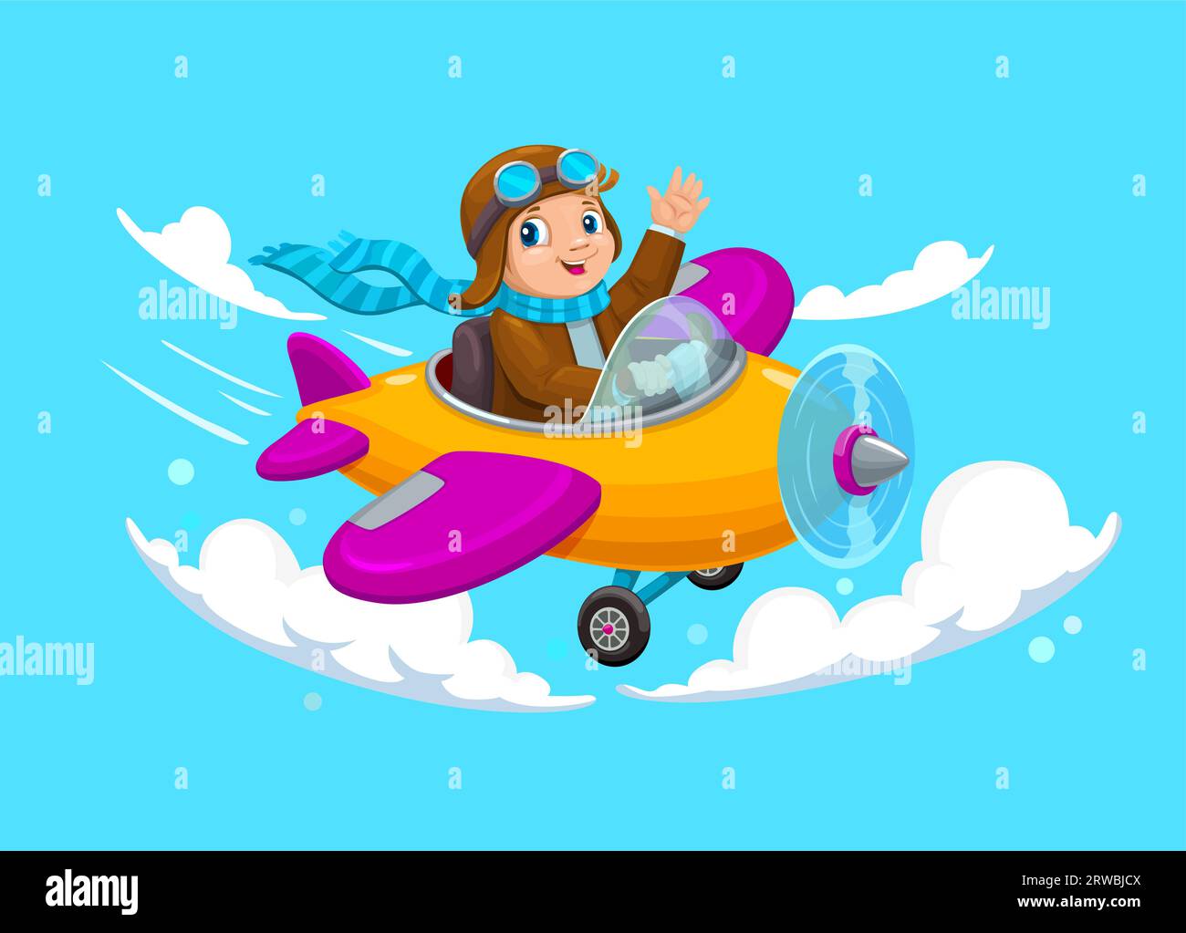 Cartoon kid flying on plane at cloudy sky. Child pilot on airplane ...