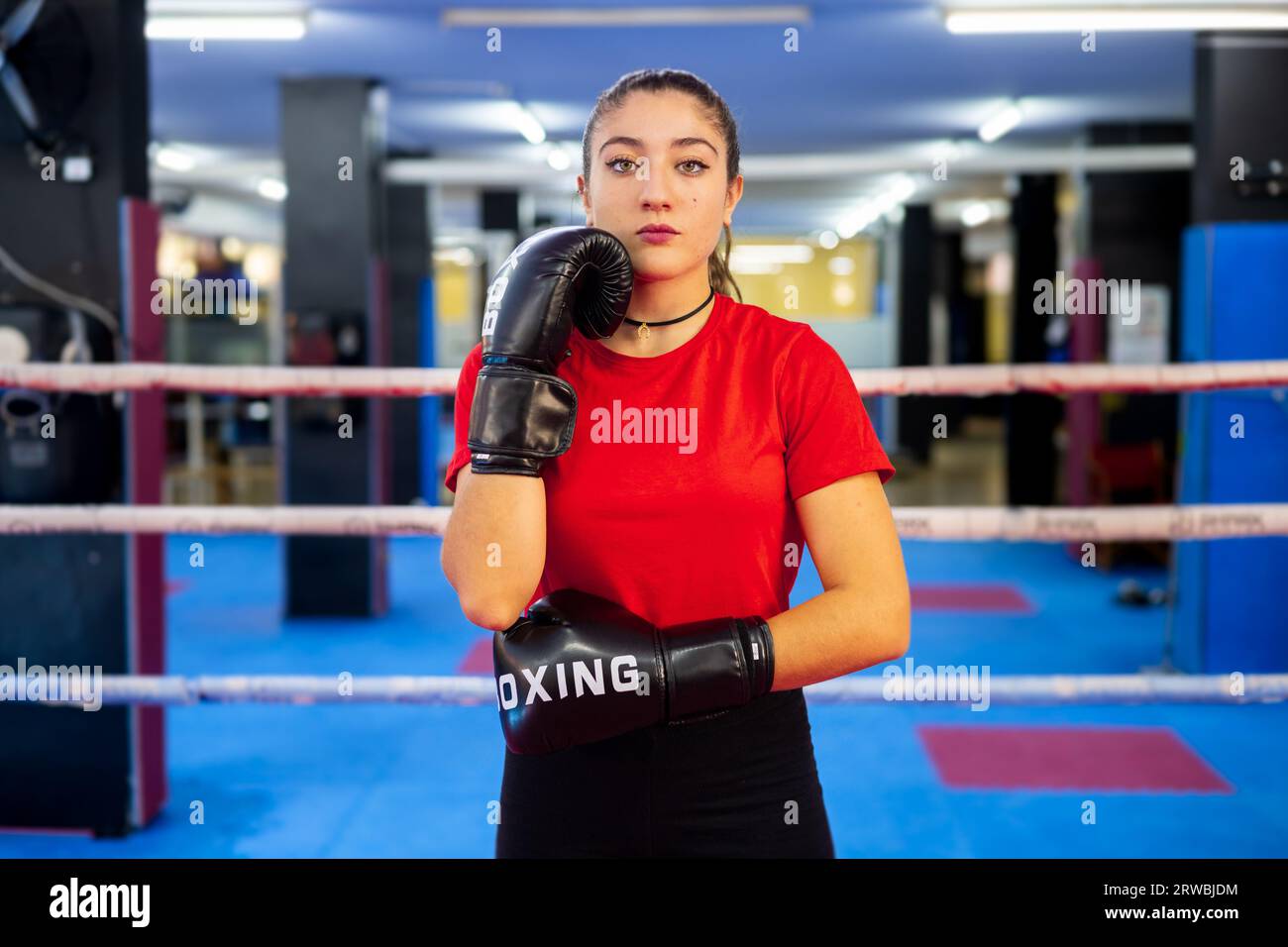 Female boxer portrait training wearing boxing gloves in a ring ...