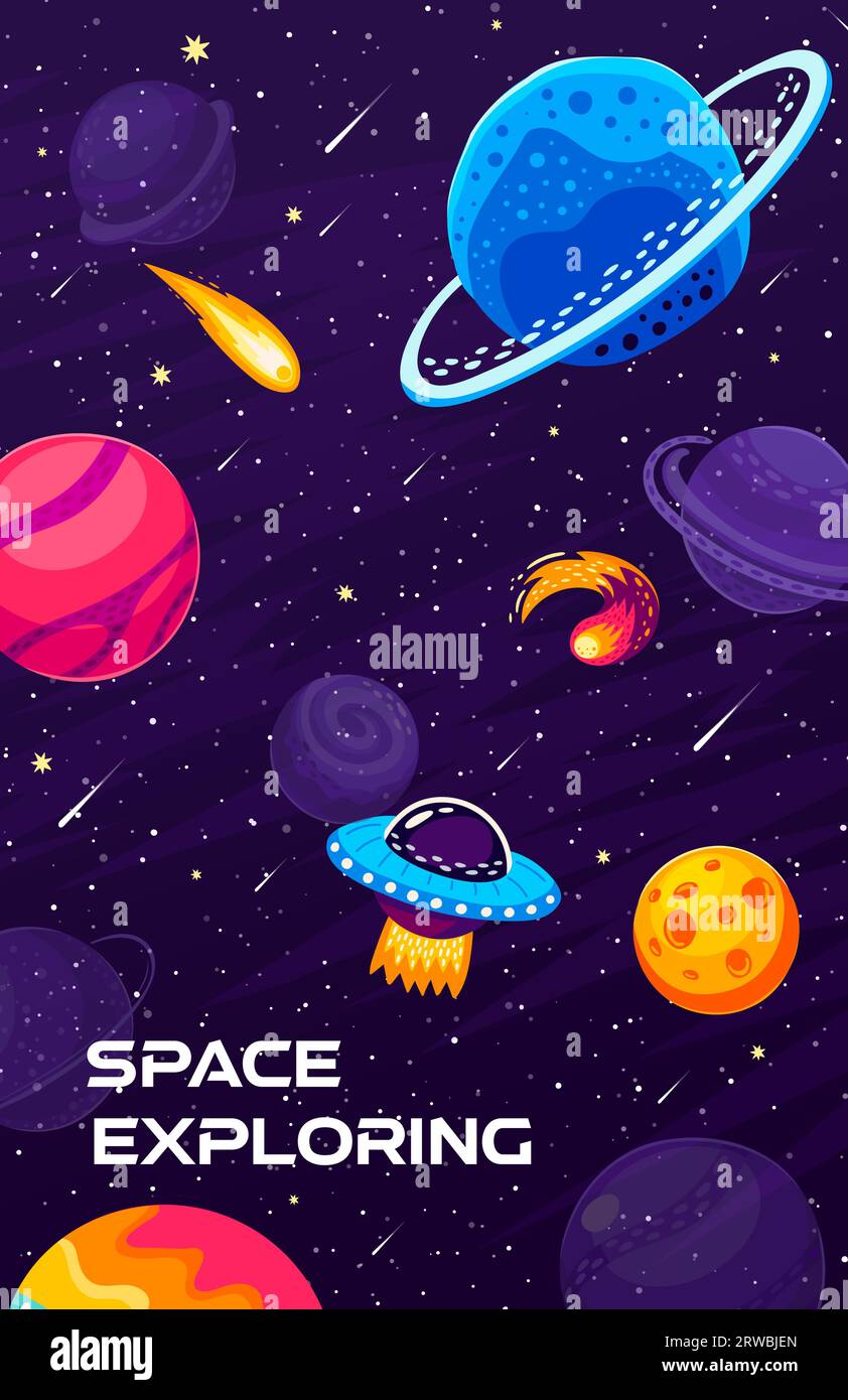 Space landscape poster. Flying ufo saucer, galaxy planets, asteroids ...