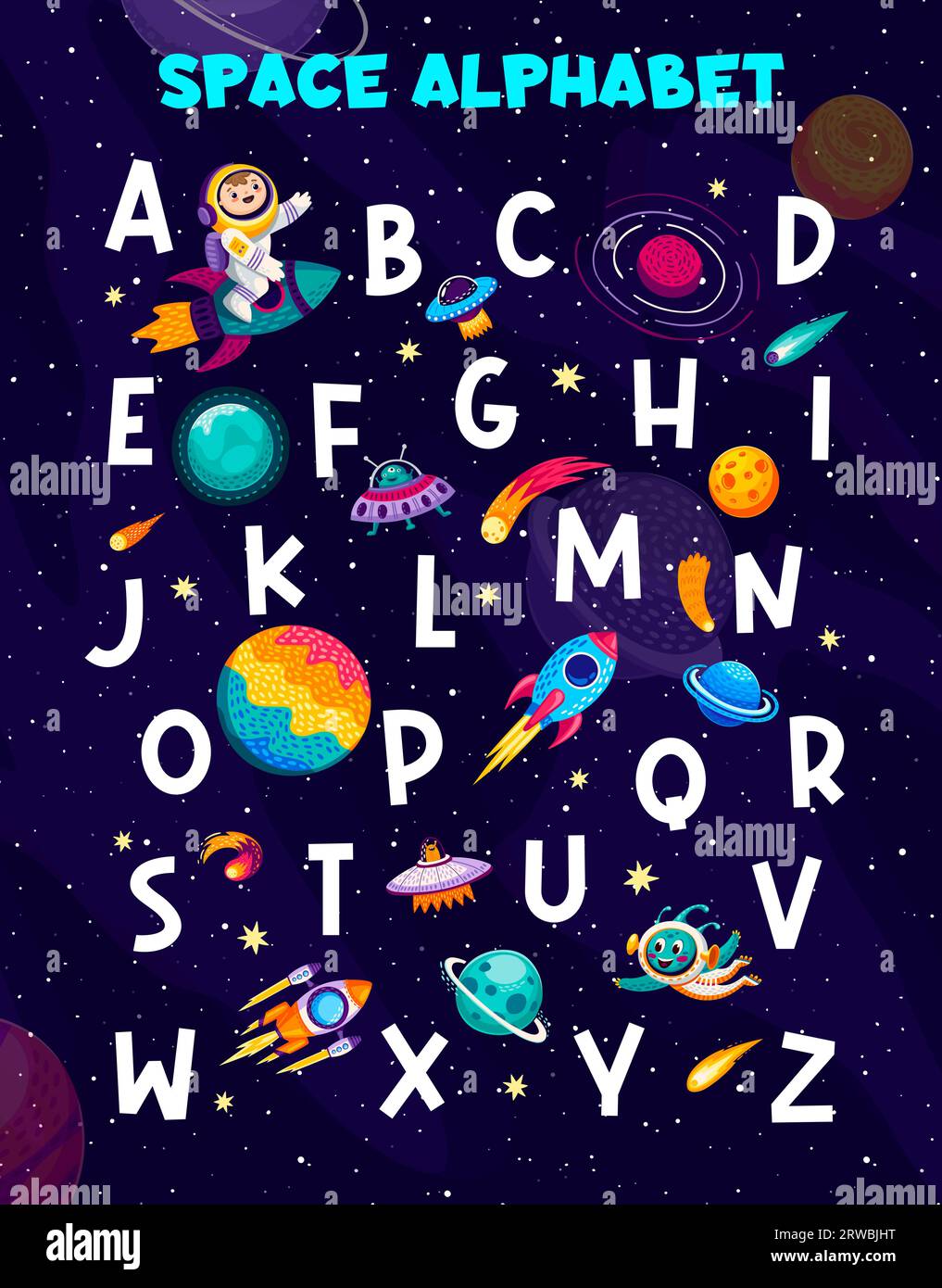 Cartoon space alphabet letters or english ABC for kids education ...