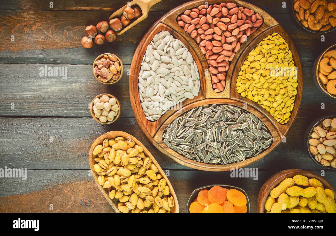 Assortment of Egyptian popular snacks sunflower seeds, watermelon seeds ...