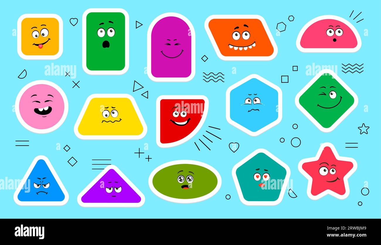 Math figure shape stickers, cute geometric characters with cartoon ...