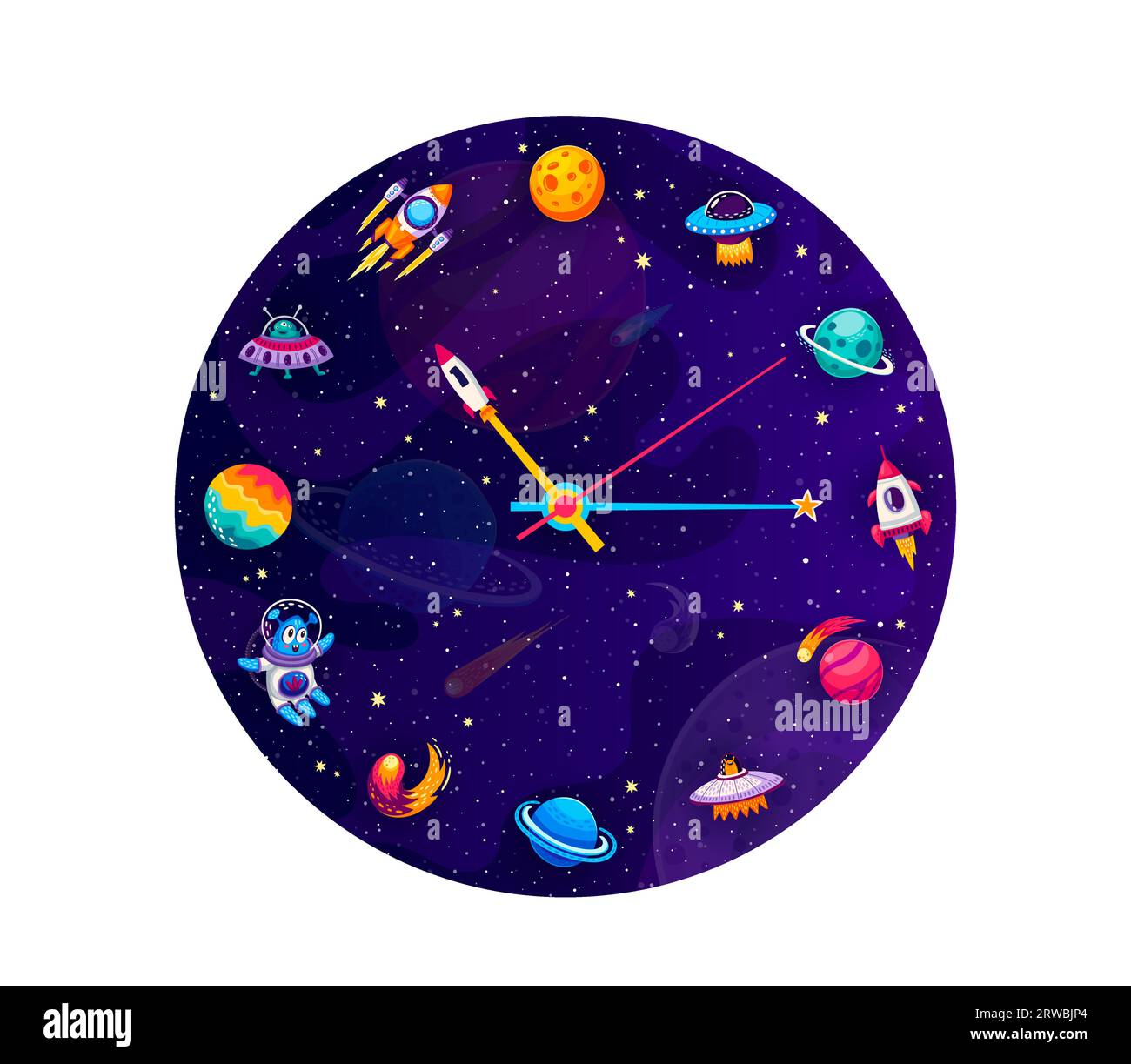 Galaxy Space Clock With Planets Stars And Spaceships On Clock Face