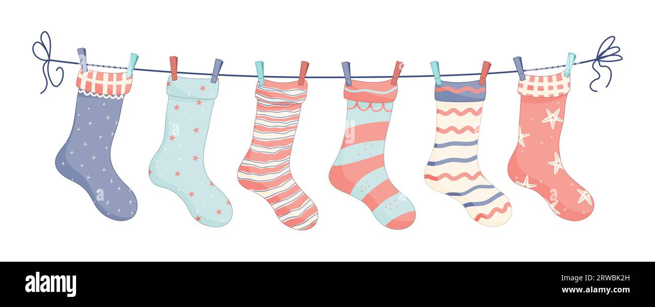 Socks with textures and patterns with colored clothespins. Vector ...