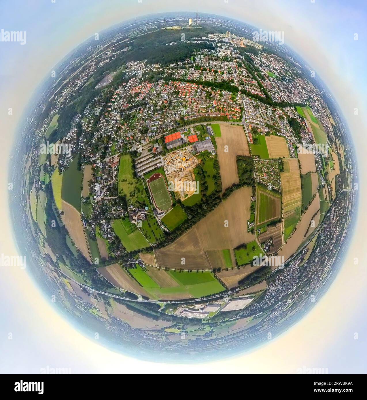 Aerial view, construction site new indoor swimming pool at the sports ...