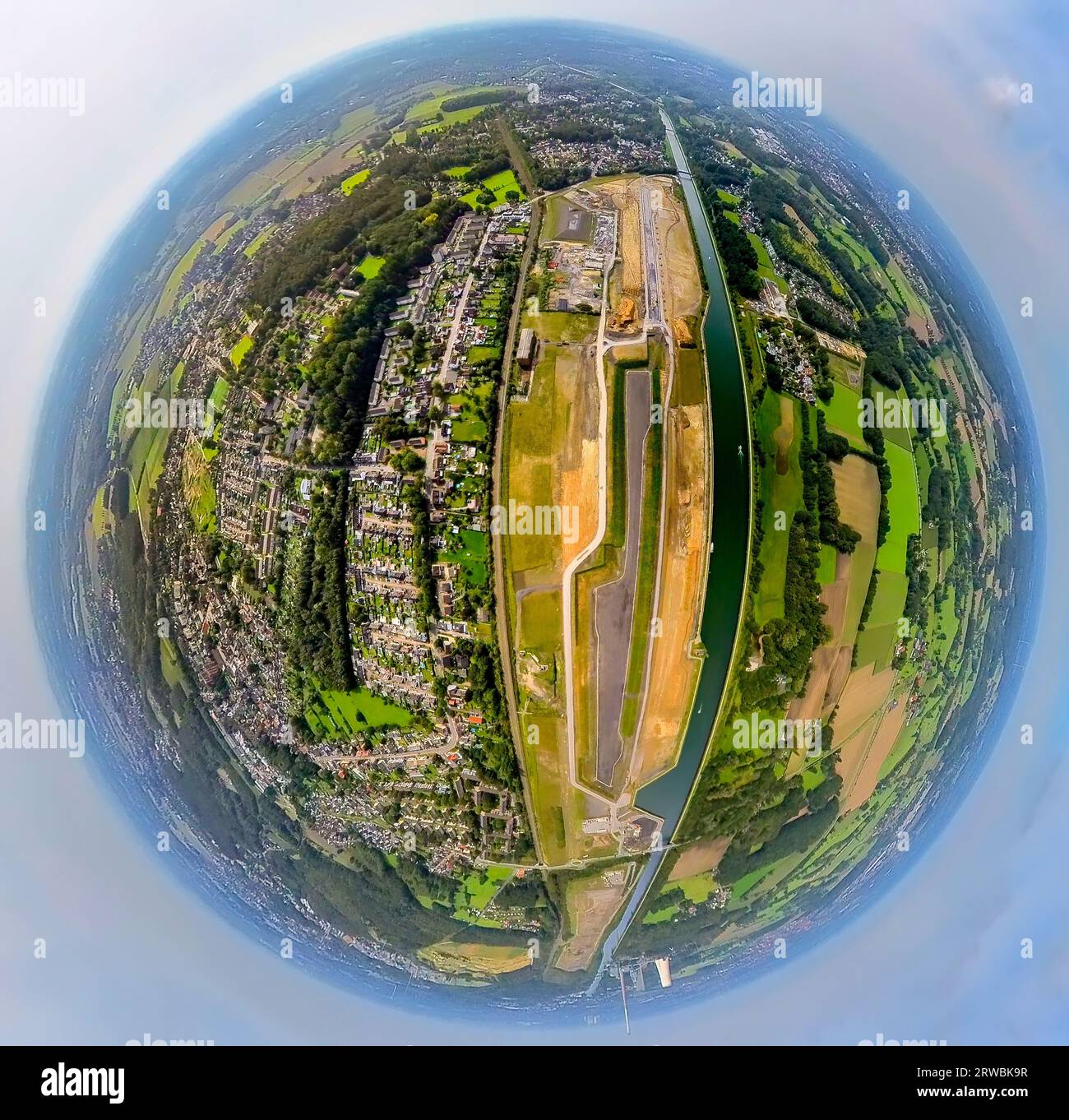 Aerial view, water town Aden at Datteln-Hamm canal, construction area ...