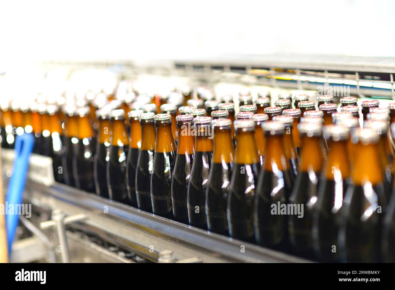 beer bottles on the assembly line in a modern brewery - industrial ...