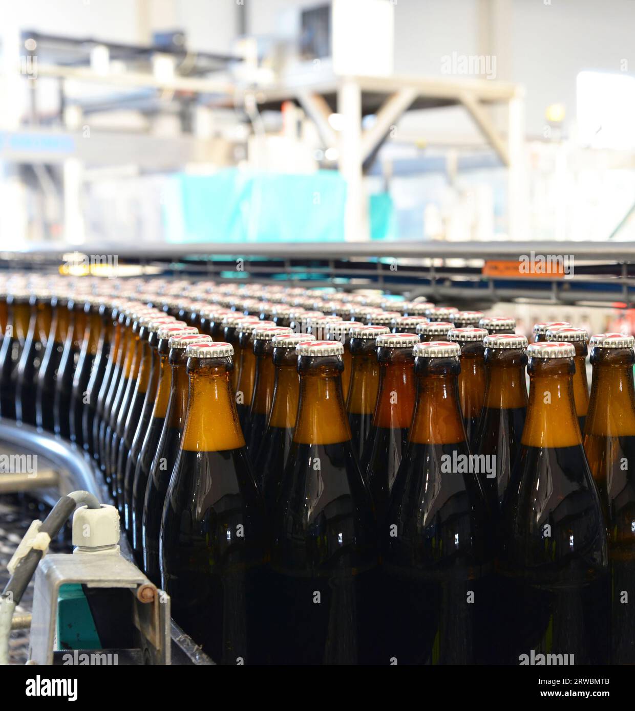 beer bottles on the assembly line in a modern brewery - industrial ...