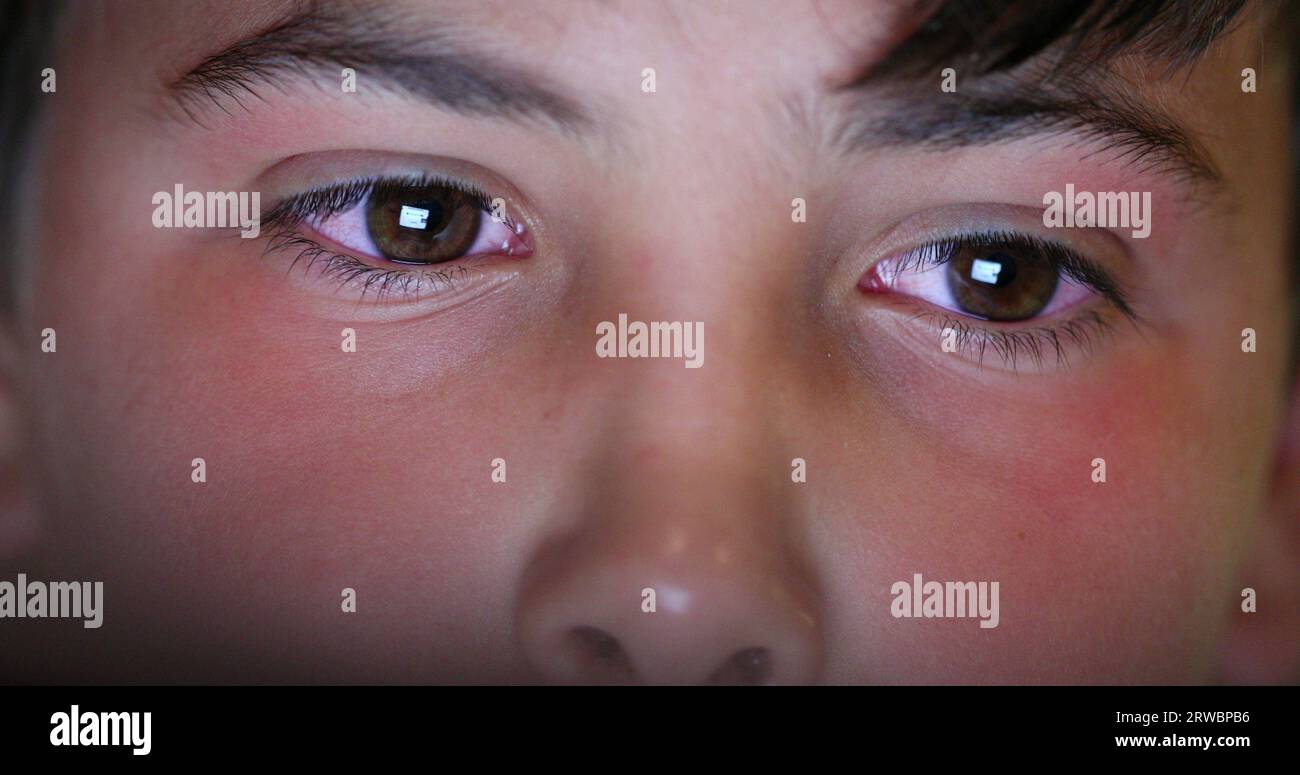 Macro close-up boy eyes staring at tablet screen device, browsing ...