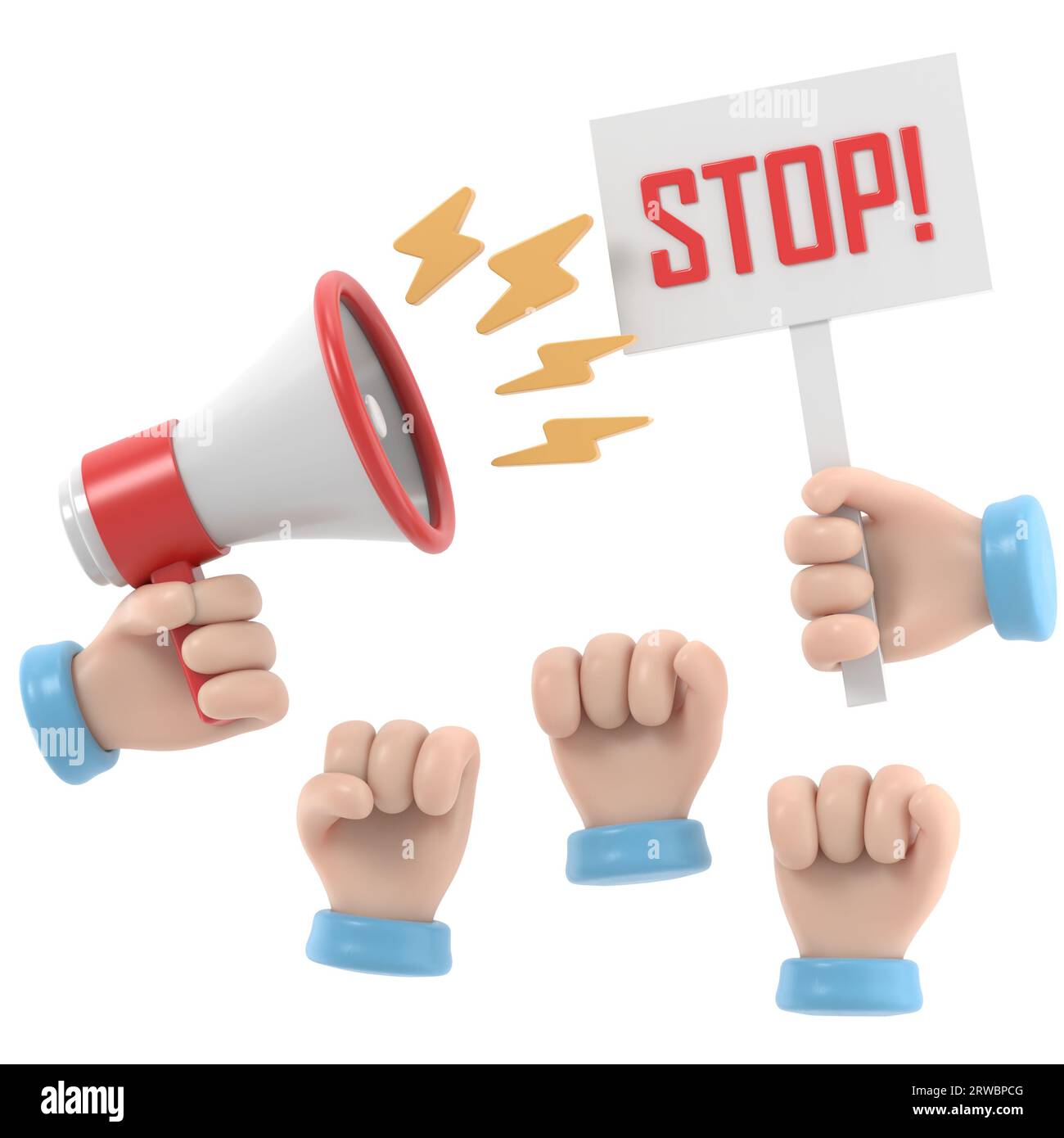 Cartoon hands of demonstrants and hand with Megaphone and stop sign ...