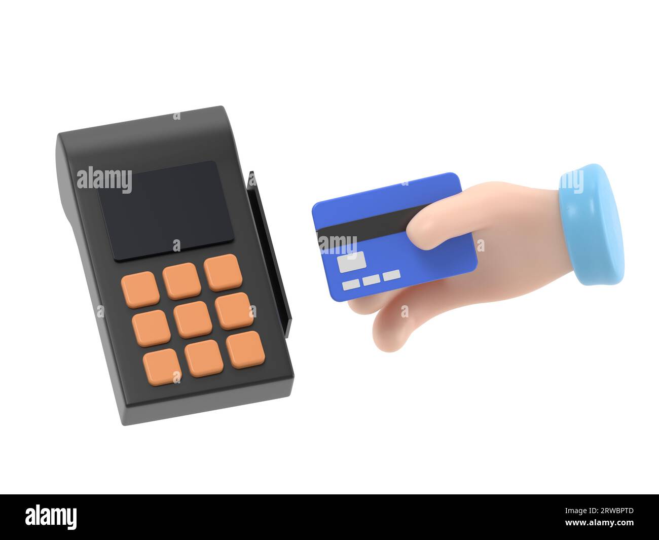 Cartoon hand holding credit card and payment terminal. POS terminal ...