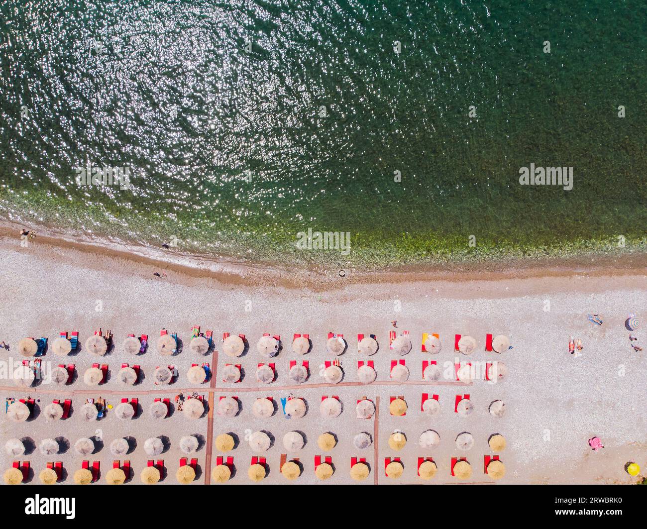 Aerial photographs. View from flying drone. Birds-eye view of beach in Montenegro. Top view ...