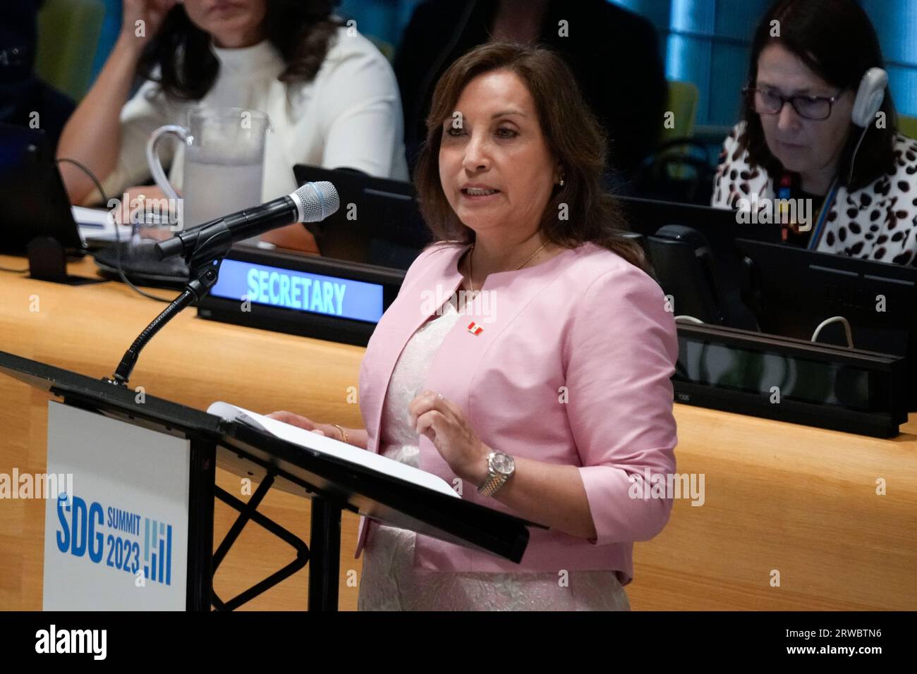 Dina Boluarte, President of Peru, speaks during an event at the SDG ...