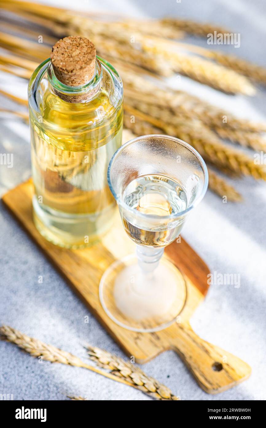 High angle of traditional Ukrainian alcoholic drink made from wheat and ...