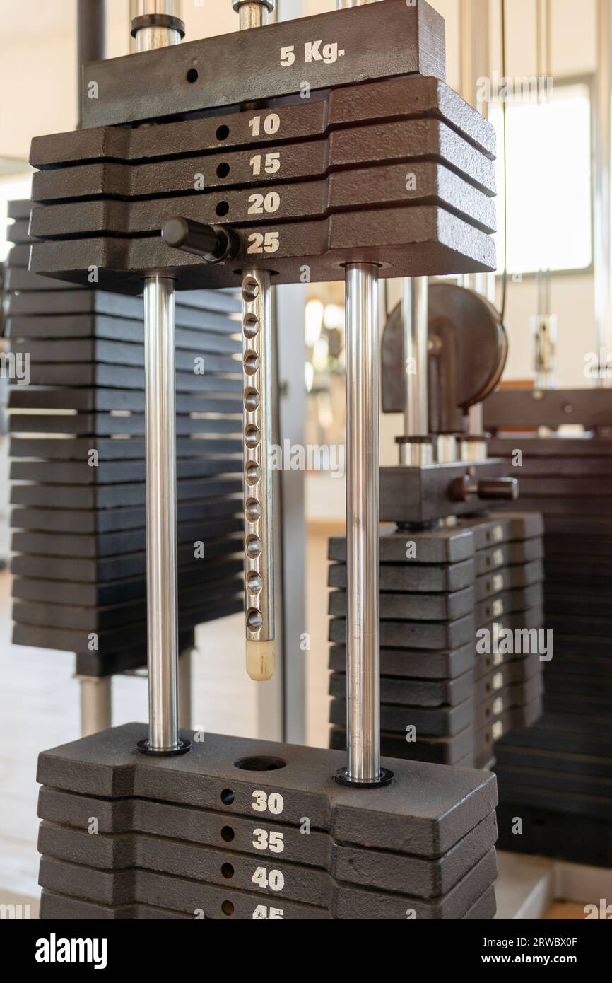 From below of weight lifting stack machine with set of rectangular ...
