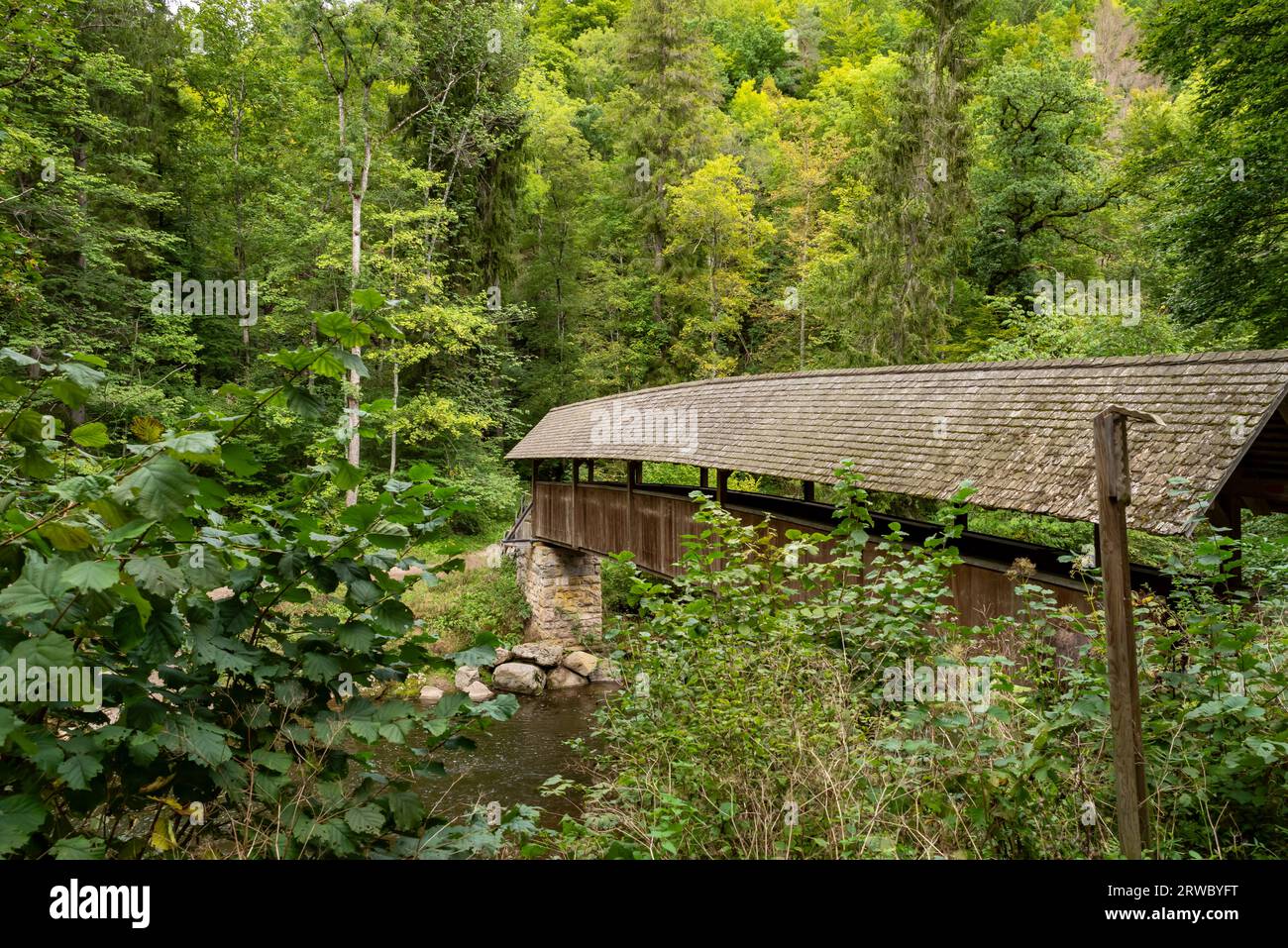 Covered wooden bridge over the Wutach river at the 3 Gorges hiking ...