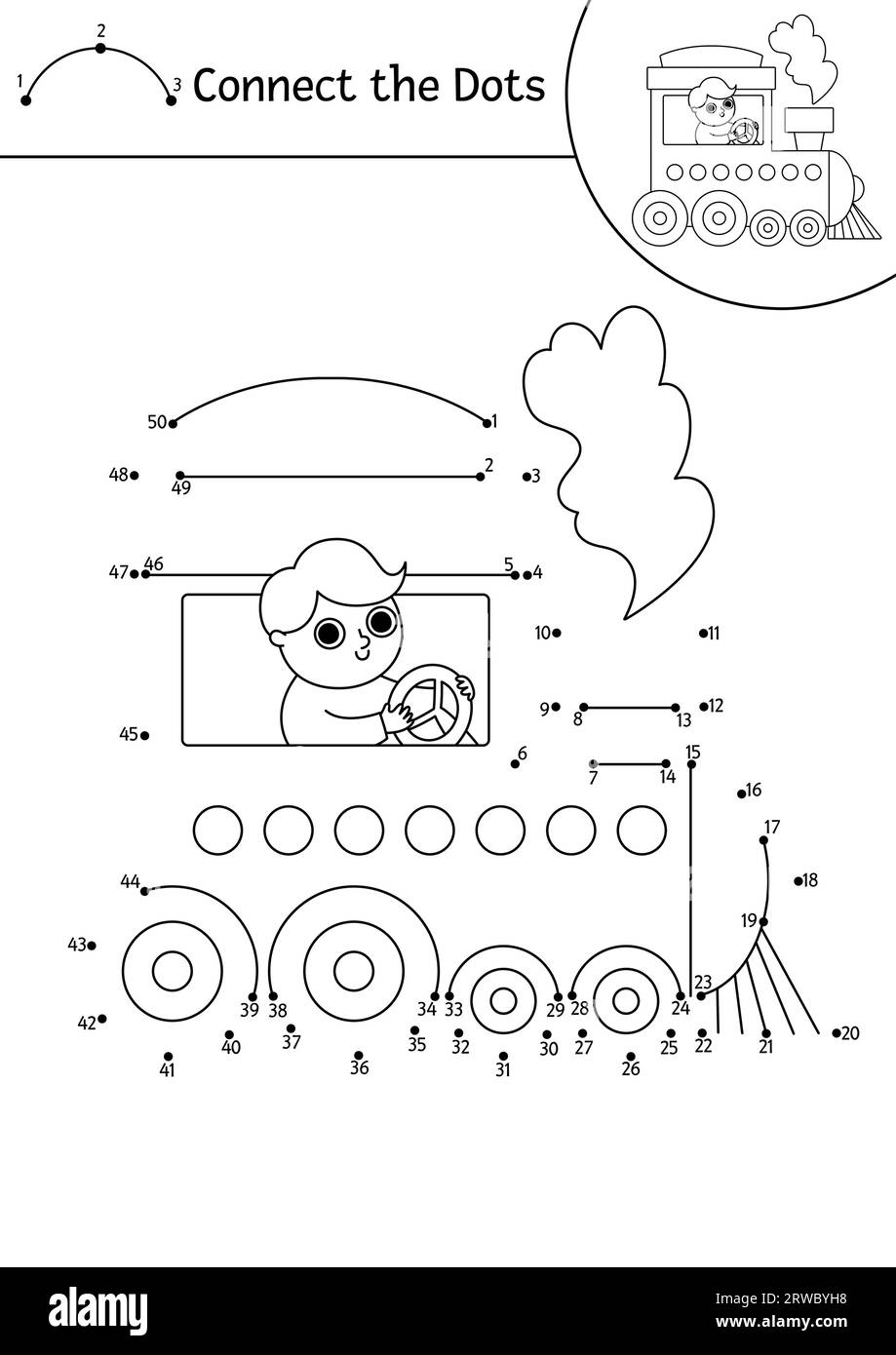 Vector dot-to-dot and color activity with cute steam train and driver ...