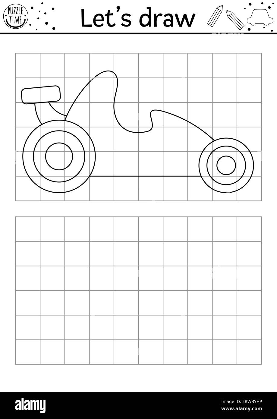 Draw the racing car. Vector transport drawing practice worksheet ...