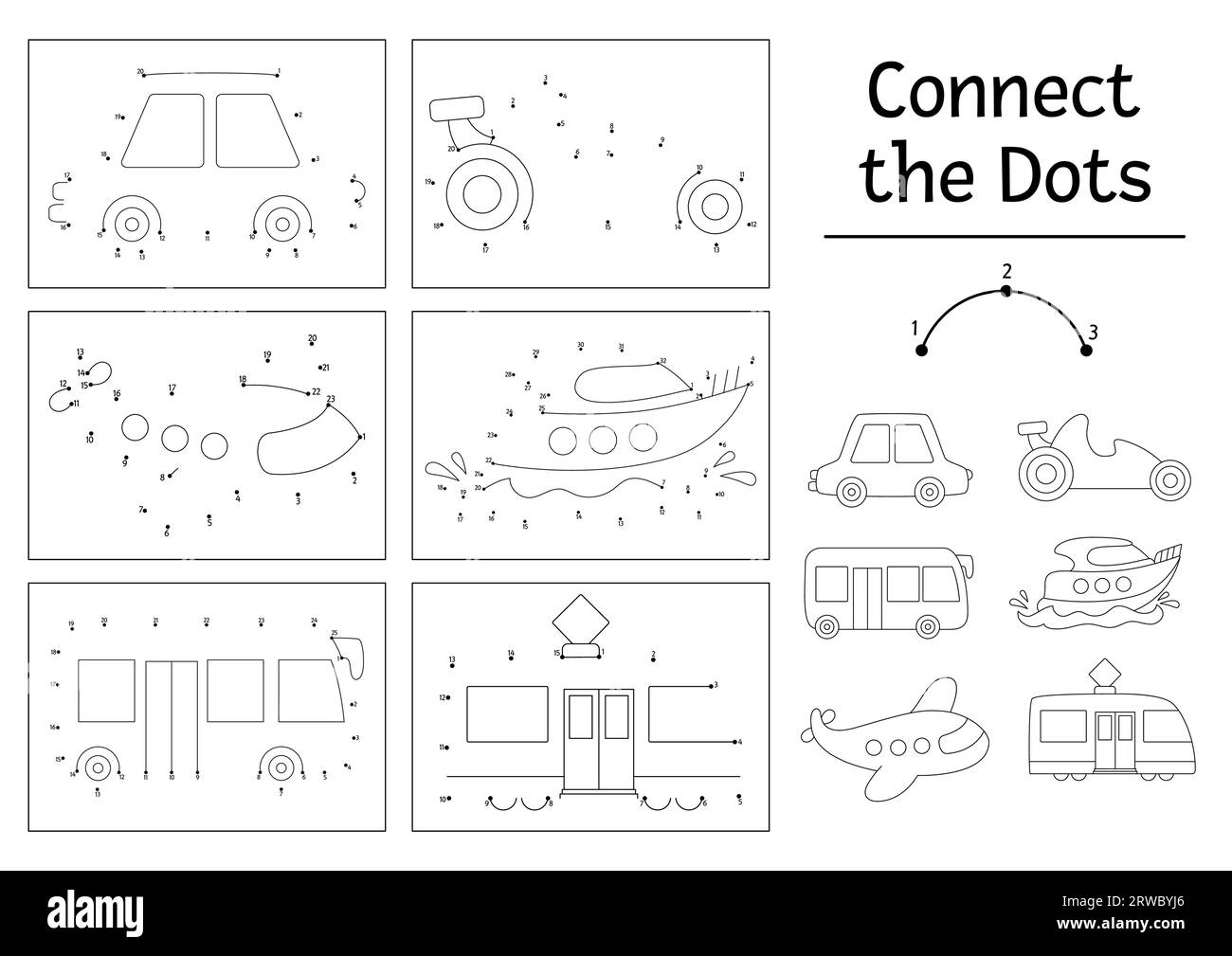 Vector dot-to-dot and color activity set with cute car, boat, plane ...