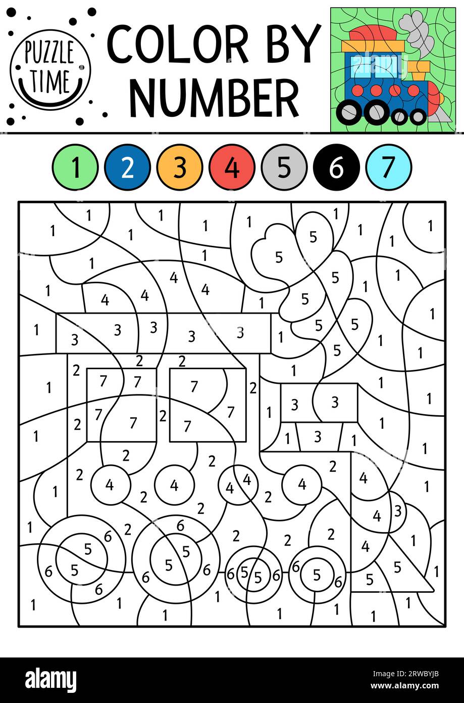 Vector color by number activity with steam train. Railway transport ...