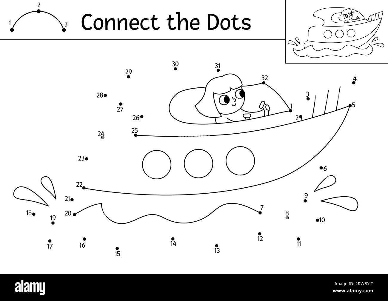 Vector dot-to-dot and color activity with cute girl on speedboat ...
